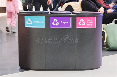 Waste Recycling Concept Containers For Metal Glass Paper Plastic Organic For Further