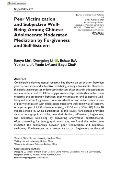 Pdf Peer Victimization And Subjective Well Being Among Chinese