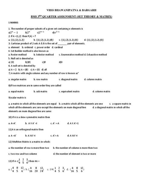 Vhss Bhawanipatna And Bargarh Bms 3 Quarter Assignment Set Theory