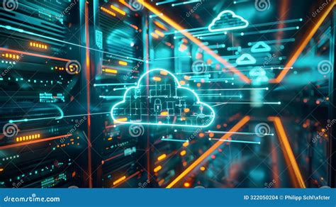 A Cloud Computing Network With Glowing Data Lines And Servers In A Futuristic Data Center Stock