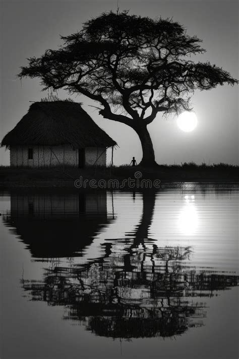 Hut And Tree Black And White Photography Of An Hut Under The Tree With Full Moon Stock Image