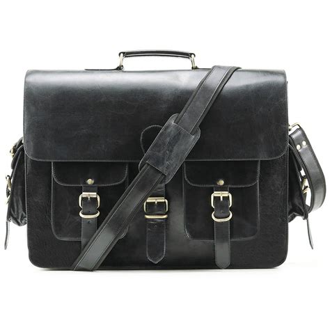 Black Leather Laptop Briefcase Full Grain Messenger Bag For Men The