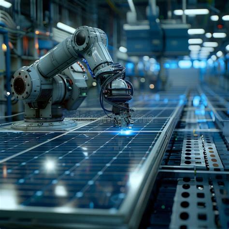 Robotic Arm In High Tech Factory Assembling Solar Panels With Precision And Automation Stock