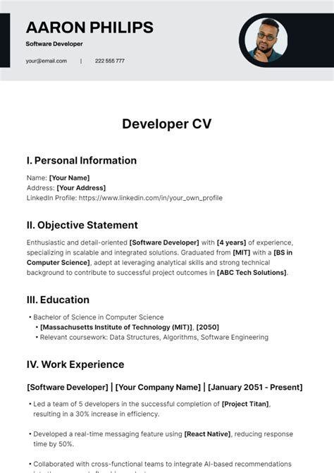 Free Developer Cv Template To Edit Online