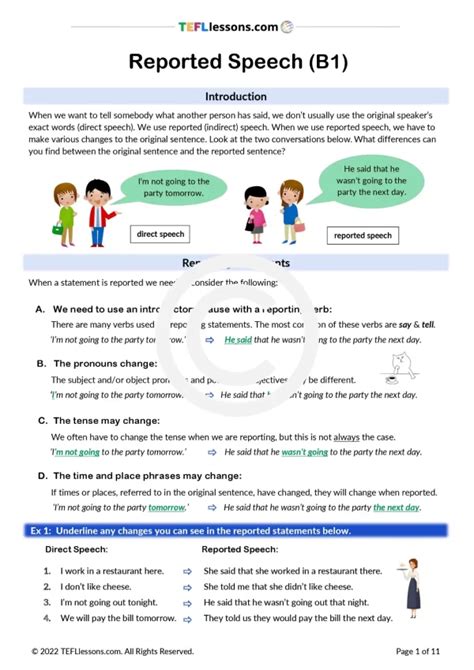 Reported Speech Lesson B1 Tefl Lessons Esl Worksheets