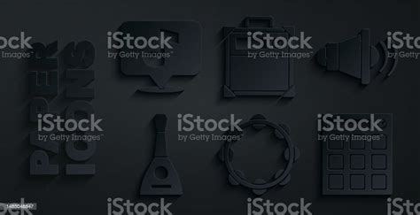 탬버린 스피커 볼륨 발랄라이카 드럼 머신 기타 앰프 및 음표 아이콘을 설정합니다 벡터 3차원 형태에 대한 스톡 벡터 아트 및