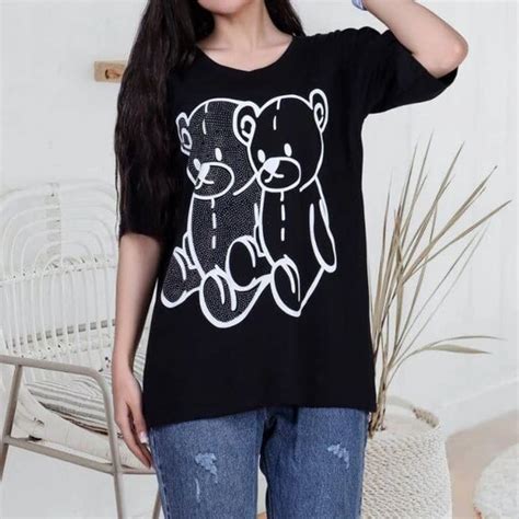 خرید و قیمت تیشرت لش،طرح خرس نگین دار،فری سایز،در رنگ بندی سفید و مشکی