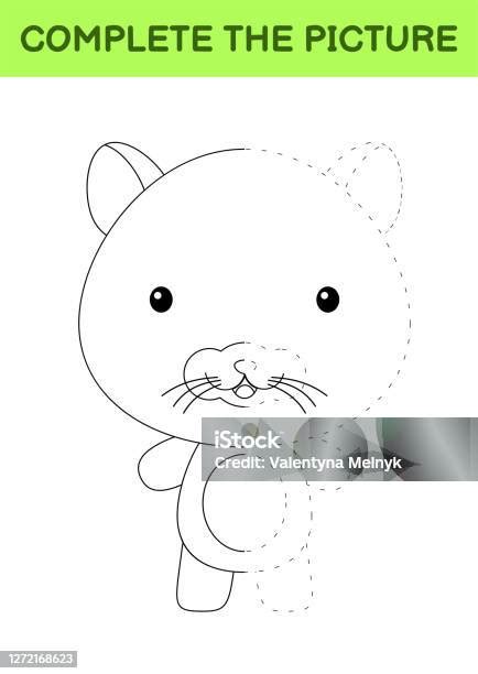 귀여운 햄스터의 사진을 완료합니다 색칠 공부 그림을 복사합니다 필기 연습 그리기 기술 훈련 인쇄 가능한 워크시트 를 개발하는 교육 활동 페이지입니다 만화 벡터 일러스트레이션