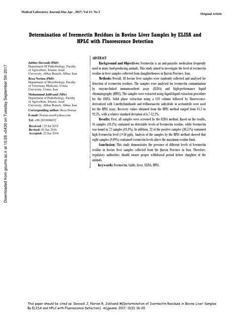 PDF Determination Of Ivermectin Residues In Bovine Liver Samples By ELISA And HPLC With
