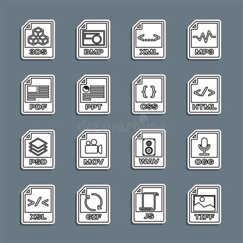 Set Line Tiff File Document Ogg Html Xml Ppt Pdf 3ds And Css Icon Vector Stock Vector