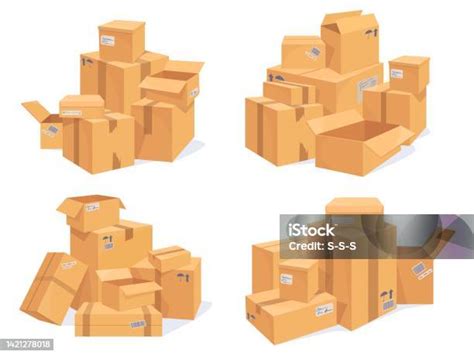 판지 상자 스택 쌓인 소포 골판지 포장 로트 아이소메트릭 박스 더미 배달 반환 택배화물 비축 이동 서비스 포장 재고 메일 팩