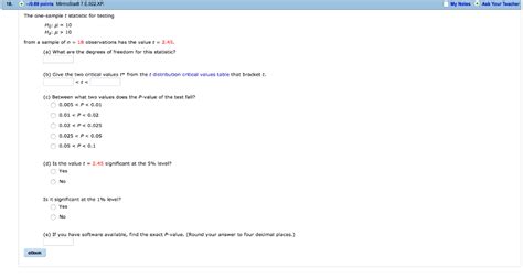 Solved The One Sample T Statistic For Testing H 0 Mu 10