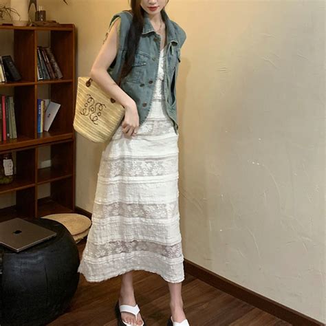 코디세트데님 조끼레이스 서스펜더 롱원피스 세트 2j111852e