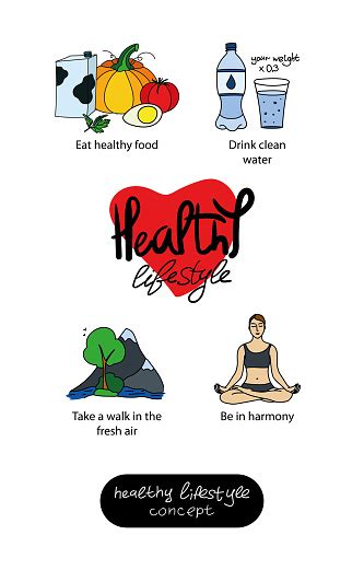 벡터 도상학 건강한 라이프 스타일 흑백 및 색상 아이콘과 문자의 개념 건강한 생활방식에 대한 스톡 벡터 아트 및 기타 이미지