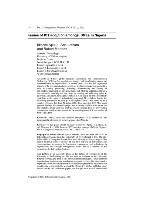 Pdf Issues Of Ict Adoption Amongst Smes In Nigeria