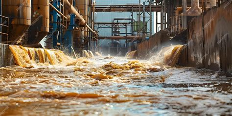 Industrial Factory Discharging Brown Wastewater Into A Wild River