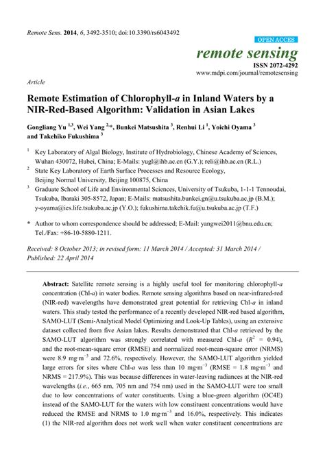 Pdf Remote Estimation Of Chlorophyll A In Inland Waters By A Nir Red