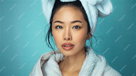 Portrait Of Beautiful Asian Woman Wearing A Bathrobe And A Towel On Her