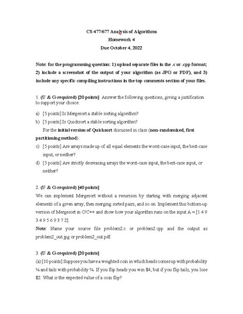 Cs 477 Homework 4 Cs 477677 Analysis Of Algorithms Homework 4 Due