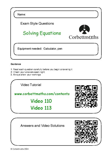 Solving Equations Questions Name Exam Style Questions Equipment