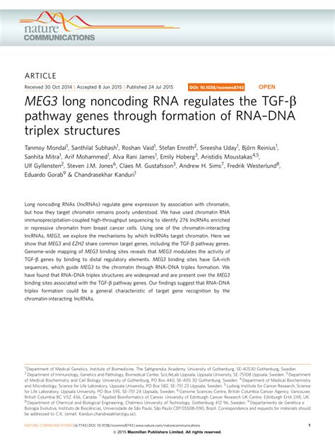 Pdf Meg3 Long Noncoding Rna Regulates The Tgf β Pathway Genes Through