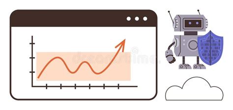 Robot With Shield Ensuring Data Security Over Cloud And Analyzing Graphical Trends Stock Vector