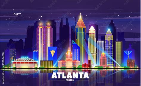 Atlanta Georgia Night City Skyline Sky Background Flat Vector Illustration Business Travel