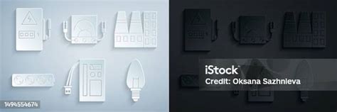 배터리 발전소 공장 및 공장 전기 연장 코드 전구 암페어 미터 멀티 미터 전압계 및 전기 패널 아이콘을 설정합니다 벡터 0명에 대한 스톡 벡터 아트 및 기타 이미지 Istock