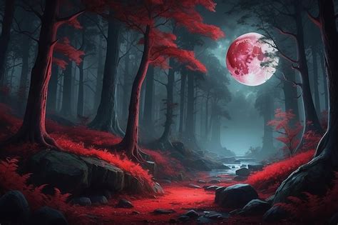 Mystery Deep Forest With Red Mooon Premium Ai Generated Image