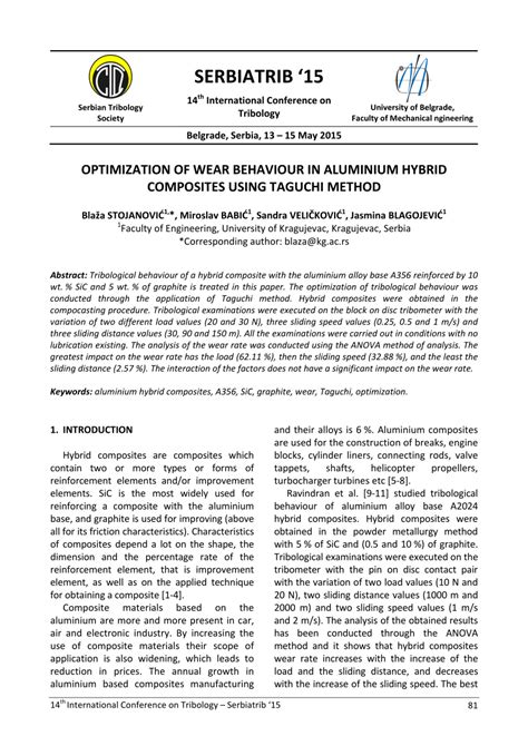 Pdf Optimization Of Wear Behaviour In Aluminium Hybrid Composites Using Taguchi Method