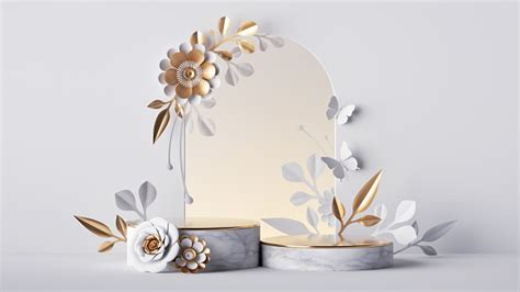 3d 렌더링 꽃 아치와 빈 대리석 받침대와 흰색 배경 종이 꽃으로 장식 된 제품 프리젠 테이션을위한 빈 쇼케이스 0명에 대한 스톡 사진 및 기타 이미지 Istock