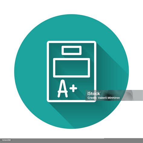 긴 그림자 배경으로 격리 된 A Plus 등급 아이콘이있는 흰색 선 시험 시트 시험지 시험 또는 설문 조사 개념 학교 시험 또는