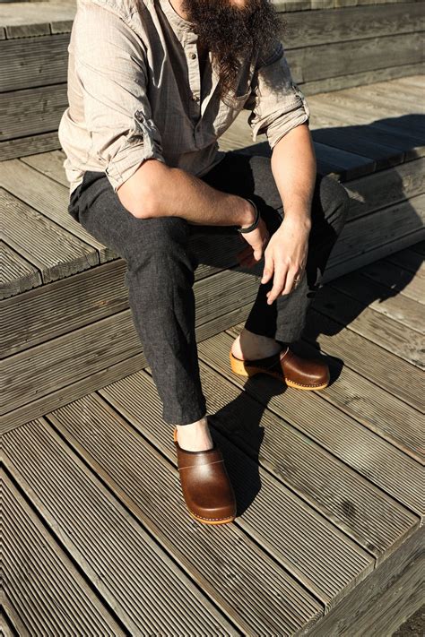 New Swedish Handmade Eco Wooden Clogs For Men In Brown Leather High