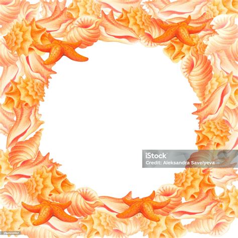 조개와 불가사리의 정사각형 배경 와 가운데에 텍스트를 위한 둥근 빈 공간 수채화 해변 액세서리 디자인 인쇄물 여행 배너 장식