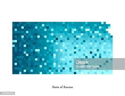 미국의 얼음 푸른 지역과 벡터 고립 된 기하학적 일러스트 레이 션 캔자스 주지도 Nft 템플릿의 픽셀 아트 스타일입니다 그라디언트 텍스처 0명에 대한 스톡 벡터 아트 및