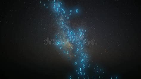 against the background of a starry sky with a milky way a digital binary code in blue neon