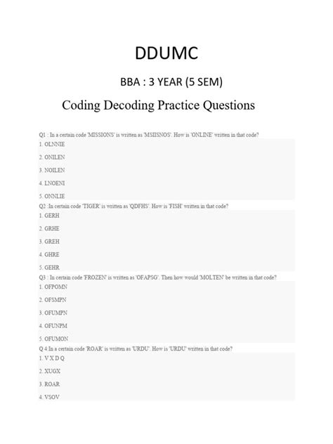 Coding Decoding Practice Quiz Pdf