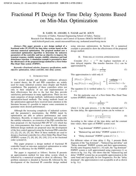 Pdf Fractional Pi Design For Time Delay Systems Based On Min Max Optimization