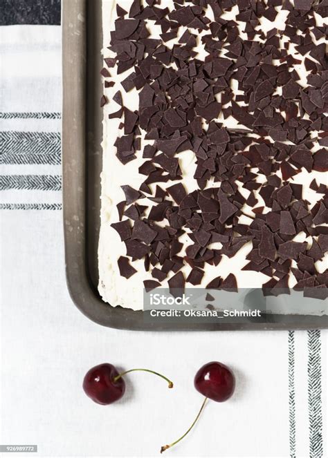 Homemade Traditional Black Forest Sheet Cake Topped With Cream Dark