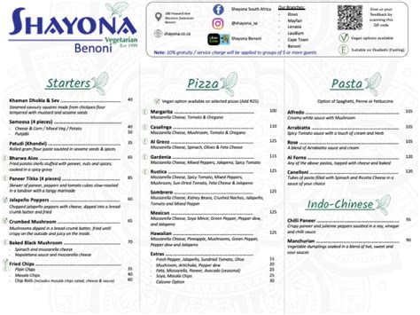 Our Menu Benoni Shayona