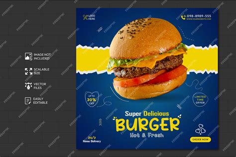 맛있는 버거와 음식 메뉴 소셜 미디어 포스트 템플릿 프리미엄 벡터