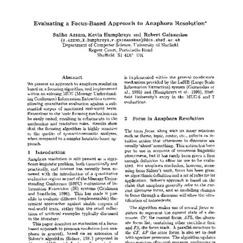 Evaluating A Focus Based Approach To Anaphora Resolution Acl Anthology