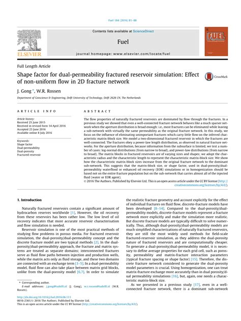 Pdf Shape Factor For Dual Permeability Fractured Reservoir Simulation