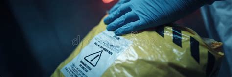 Gloved Hand Handling Hazardous Material Bag In Dimly Lit Environment