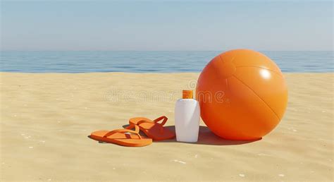 Beach Scene With Orange Ball Sunscreen And Sandals On Sandy Shore Stock Illustration