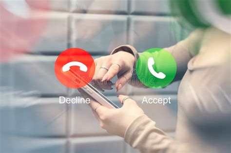 woman chooses accept reject call smartphone red green buttons stock
