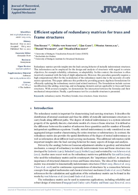 pdf efficient update of redundancy matrices for truss and frame