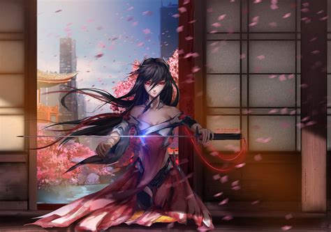 569302 Anime Girl Kimono Sword Petals Blow Wallpaper Rare