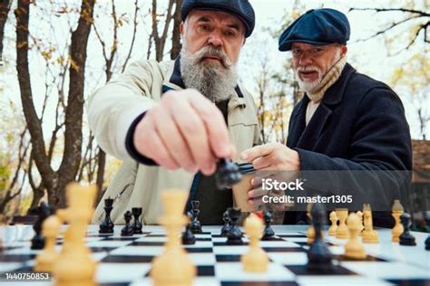 가을의 낮에 공원에서 체스를 두는 두 명의 집중된 노인의 초상화 여가 활동의 개념 구세대 2명에 대한 스톡 사진 및 기타 이미지 Istock