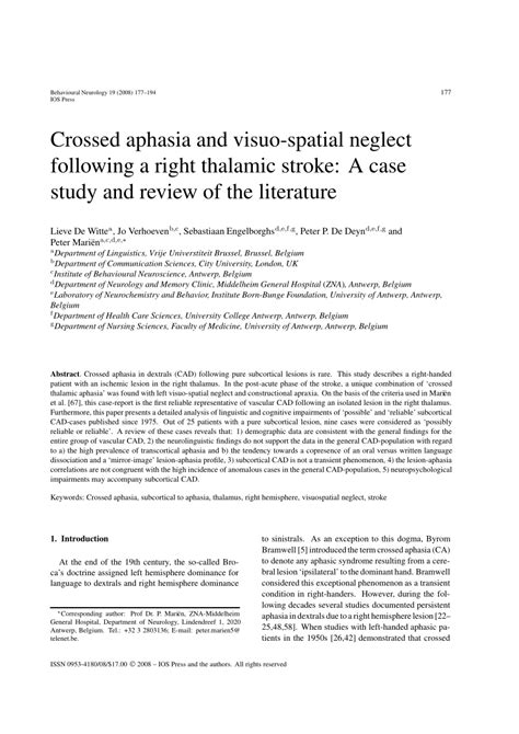 Pdf Crossed Aphasia And Visuo Spatial Neglect Following A Right